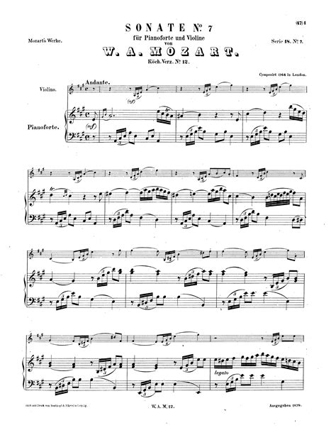 Mozart Wolfgang Amadeus Violin Sonata No 7 In A Major K 12 For