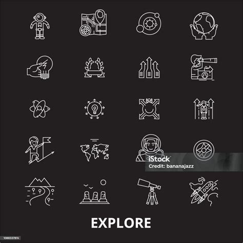 검은 배경에 설정 편집 라인 아이콘 벡터를 탐험해 보세요 흰색 윤곽선 그림 표시 기호를 탐구 개념에 대한 스톡 벡터 아트 및 기타 이미지 Istock