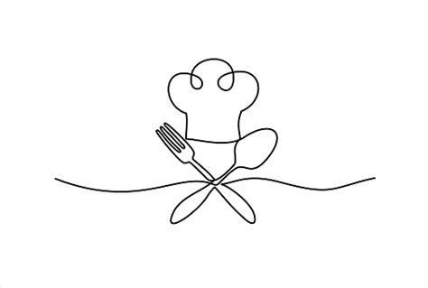 포크 숟가락 및 요리사 모자 또는 모자의 연속적인 한 선 그리기 메뉴 음식 디자인 따옴표 템플릿이 있는 그림입니다 메뉴 레스토랑 스케치에 사용할 수 있습니다 요리사에 대한