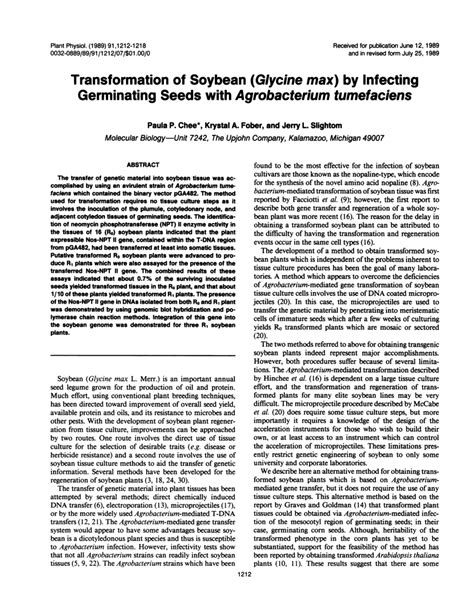 Pdf Transformation Of Soybean Glycine Max By Infecting Germinating