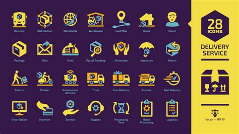 배달 서비스 노란색 그림 문자 아이콘 빠른 익스프레스 패키지 배송 빠른 택배 화물 트럭 및 밴 속도 전송 실루엣 픽토그램 어두운 보라색 배경에 설정 합니다 배달에 대한 스톡