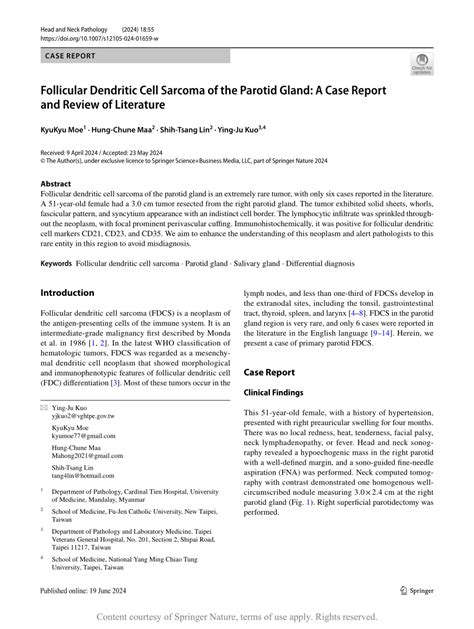 Follicular Dendritic Cell Sarcoma Of The Parotid Gland A Case Report And Review Of Literature