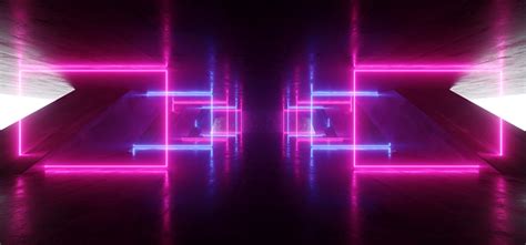네온 조명 배경 보라색 블루 역동적 인 레이저 무대 쇼 지 하 차고 홀 터널 복도 시멘트 콘크리트 그 그런 지 반사 어두운 빈 추상 공간 선박 3d 렌더링 0명에 대한 스톡
