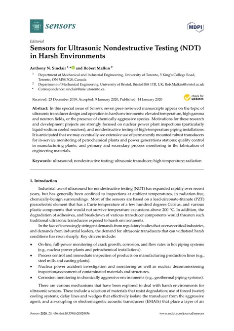 Pdf Sensors For Ultrasonic Nondestructive Testing Ndt In Harsh Environments