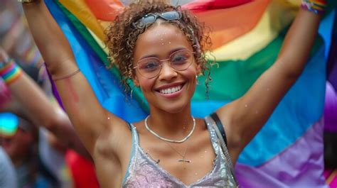Premium Photo Smiling And Happy Girl Is Holding Up The Rainbow Flag