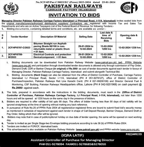 Tender For Procurement Of Materials At Pakistan Railways 2025