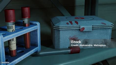 의료용 플라스크 분석용 테스트 튜브 및 구급 상자를 사용하여 3d 렌더링합니다 분석 실험실 및 의학 연구를 주제로 한 디자인의 개념적 그림 스토커를 테마로 한 3d 장면 3