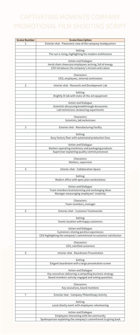 Captivating Moments Company Promotional Film Shooting Script Excel