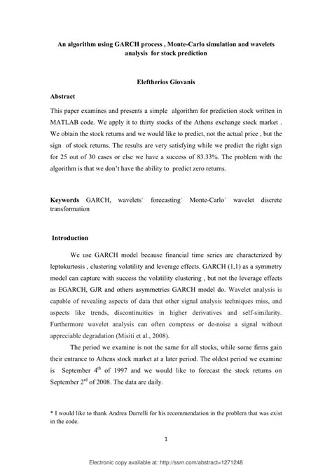 Pdf An Algorithm Using Garch Process Monte Carlo Simulation And Wavelets Analysis For Stock