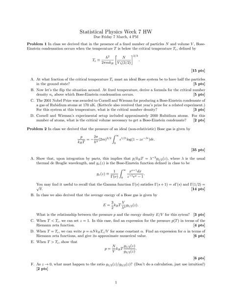 Week HW Stat Phys HW Statistical Physics Week HW Due Friday March PM Problem In