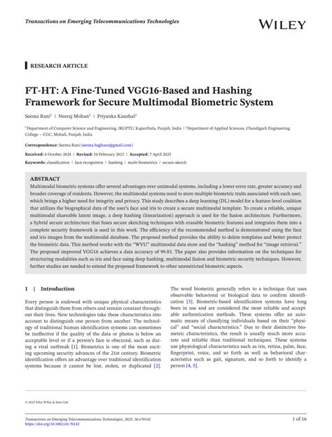 Ft‐ht A Fine‐tuned Vgg16‐based And Hashing Framework For Secure Multimodal Biometric System