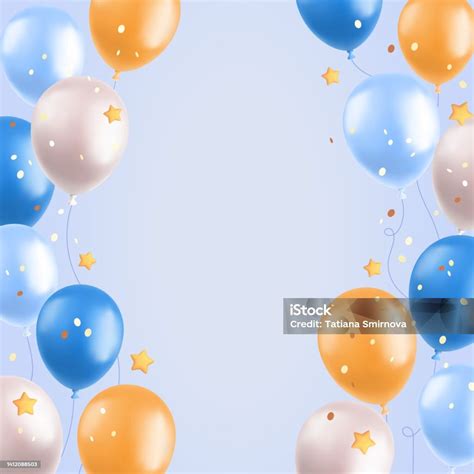 3d 풍선 배경 사실적인 파란색과 노란색 공기 풍선 파란색 배경에 별과 색종이 인사말 카드 또는 배너 축제 개념 벡터 일러스트 레이 션 배경 주제에 대한 스톡 벡터 아트 및