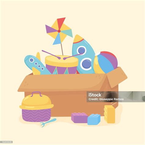 로켓 비행기 공 블록 작은 아이 골판지 상자에 만화를 재생하는 장난감 개체 0명에 대한 스톡 벡터 아트 및 기타 이미지 0명