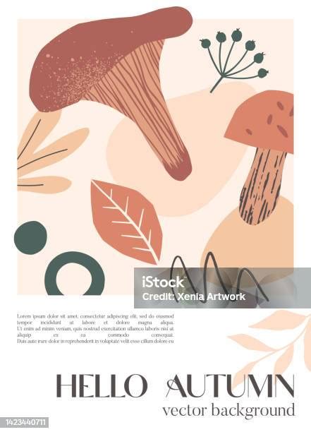유기적 인 다양한 모양 단풍 버섯 및 텍스트를위한 복사 공간을 갖춘 가을 창조적 인 포스터 가을에 대한 스톡 벡터 아트 및 기타 이미지 Istock