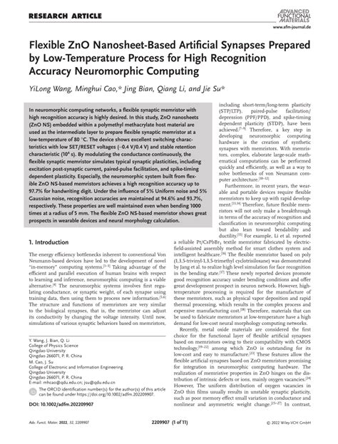 Flexible Zno Nanosheet‐based Artificial Synapses Prepared By Low‐temperature Process For High