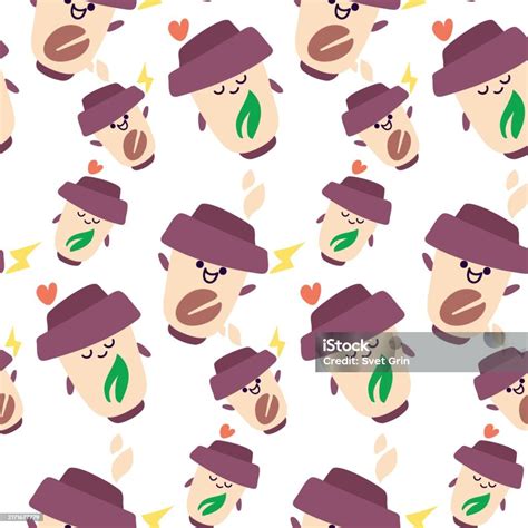 커피와 차를 위한 테이크아웃 컵 패턴입니다 따뜻한 음료와 귀여운 얼굴이 있는 귀여운 종이컵 만화 음료의 완벽 한 벡터 패턴 커피 홍차 질감 0명에 대한 스톡 벡터 아트 및