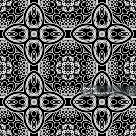 흑백 라인 원활한 패턴 벡터 장식 용 레이스 배경 그리스 스타일 배경을 반복합니다 꽃 라인 그리스 키 구형 크라운 아름다운 낙서 라인 예술 꽃 장식 0명에 대한 스톡 벡터