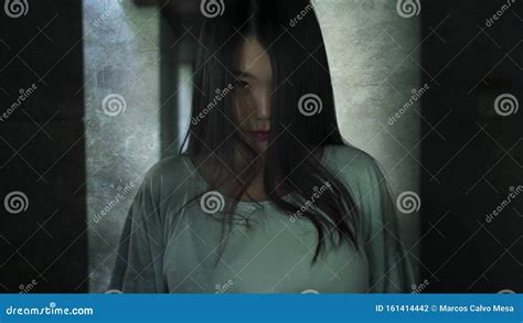 Japanese Horror Movie Style Portrait Of Young Strange Asian Girl At