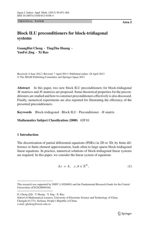 Pdf Block Ilu Preconditioners For Block Tridiagonal Systems