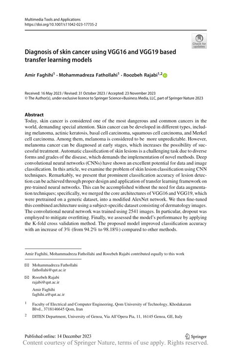 Diagnosis Of Skin Cancer Using Vgg16 And Vgg19 Based Transfer Learning Models Request Pdf