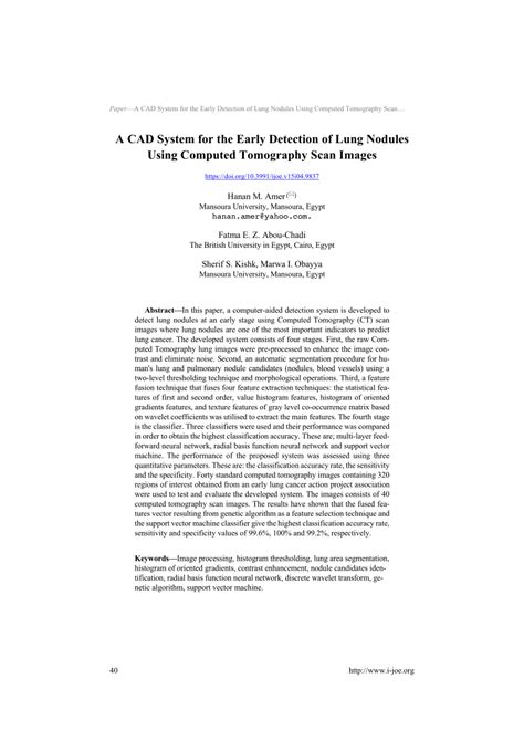 Pdf A Cad System For The Early Detection Of Lung Nodules Using
