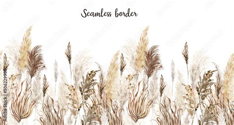 Watercolor Pampas Grass Seamless Border Repeatable Boho Dried Grass