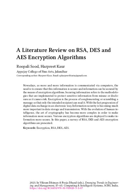 Pdf A Literature Review On Rsa Des And Aes Encryption Algorithms