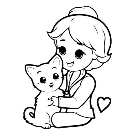 고양이와 함께 수의사 소녀 만화 스타일의 터 일러스트레이션 프리미엄 벡터