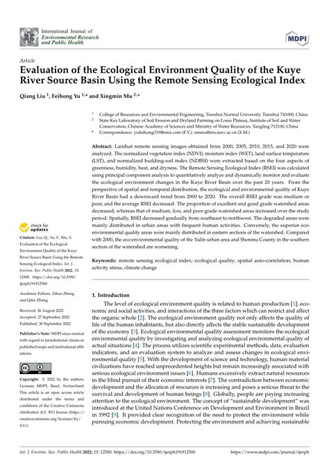 Pdf Evaluation Of The Ecological Environment Quality Of The Kuye River Source Basin Using The