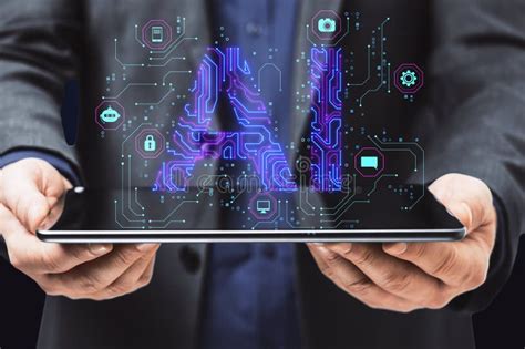 close up of businessman hand holding tablet with glowing blue ai