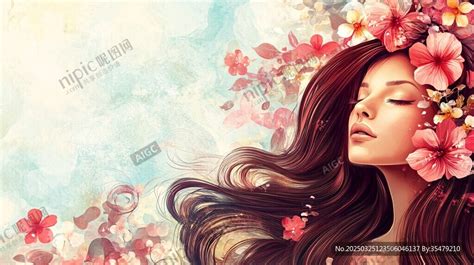 Ai创作图少女 花朵 长发 唯美 梦幻 意境 花卉 头饰 浪漫 柔美 自然 水彩 背景 诗意 温柔 昵图网