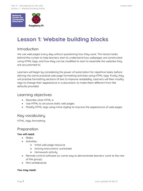 L1 Lesson Plan Developing For The Web Y8 Pdf Html Element Html