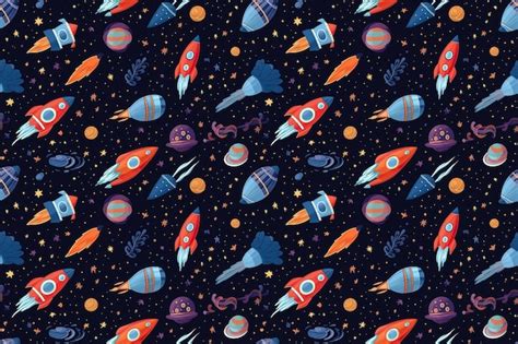 Premium Ai Image Seamless Pattern With Space Rockets Stars Generative