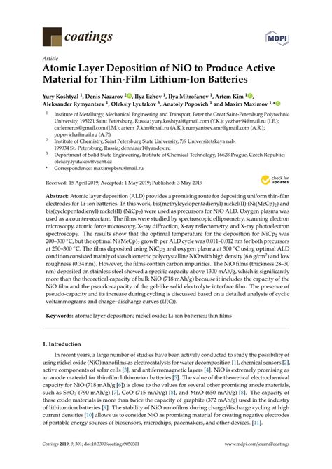 Pdf Atomic Layer Deposition Of Nio To Produce Active Material For