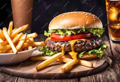 A Hamburger With Fries And A Cup Of Fries On A Wooden Table Premium