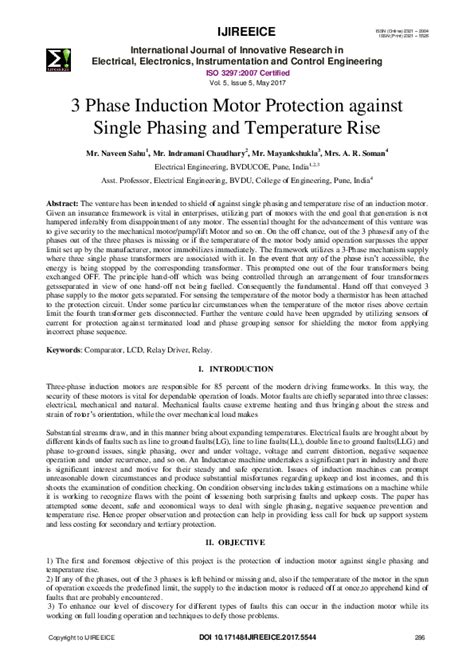 Pdf 3 Phase Induction Motor Protection Against Single Phasing And Temperature Rise