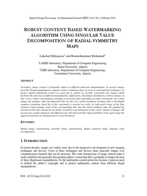 Pdf Robust Content Based Watermarking Algorithm Using Singular Value