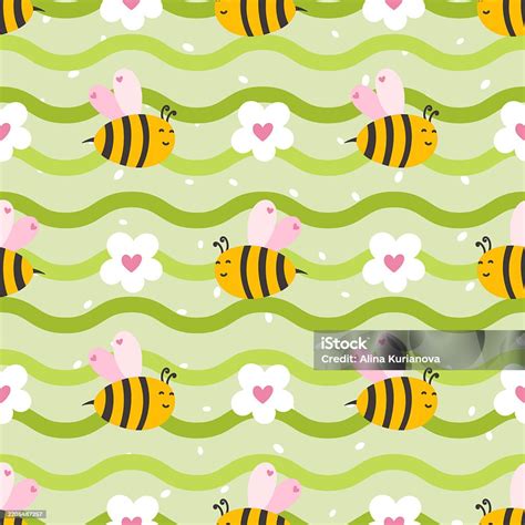 미니멀하고 우아한 완벽 한 벡터 패턴은 카와이와 아늑한 스타일의 카모마일 데이지 윙윙 거리는 꿀벌을 특징으로하며 포장지 아기 직물 및 쾌활한 봄 디자인에 적합합니다 곤충에