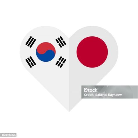 유니티 개념 한국과 일본 국기의 하트 모양 아이콘입니다 벡터 일러스트 레이 션 흰색 배경에 고립 된 기에 대한 스톡 벡터 아트