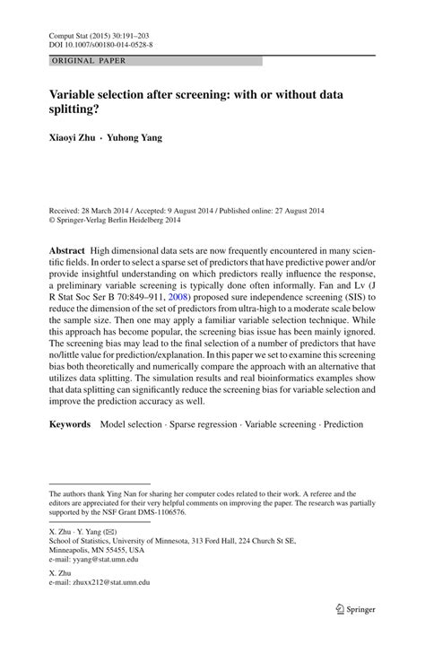Pdf Variable Selection After Screening With Or Without Data Splitting