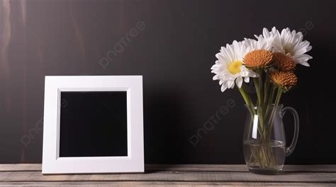 Photo Frame On A Table With Flowers Background Picture Frame On The Table Background Image And