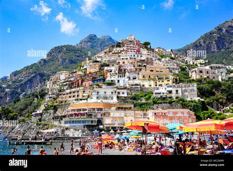 Colourful Beach Scene On The Spiaggia Grande Main Beach In Positano