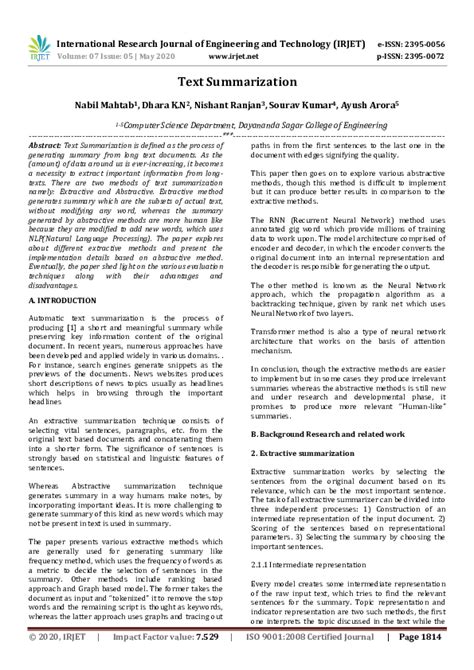Pdf Irjet Text Summarization