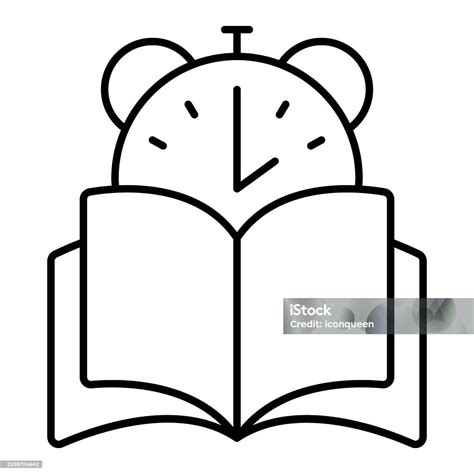 알람 시계 얇은 선 아이콘 책 독자 휴가 개념과 함께 책 벡터 그래픽입니다 흰색 배경에 열린 교과서와 스톱워치 표시 스타일 모바일 또는 디자인 0명에 대한 스톡 벡터 아트