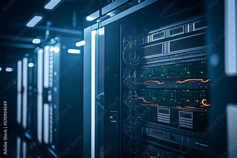 Data Center With Multiple Rows Operational Server With Super Computer Room Neon Color