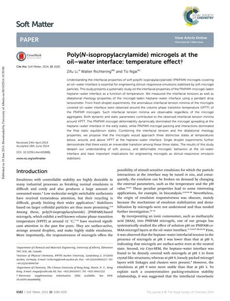 Pdf Polyn Isopropylacrylamide Microgels At The Oil Water Interface Temperature Effect