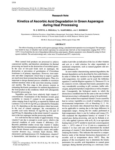 Pdf Kinetics Of Ascorbic Acid Degradation In Green Asparagus During