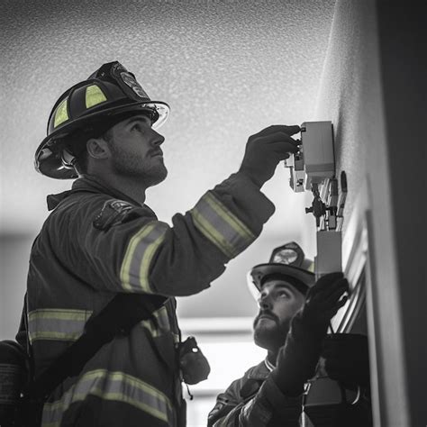 Firefighters Installing And Testing Smoke Detectors In A Residential Building Premium Ai