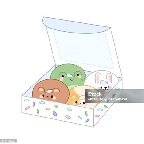 상자에 귀여운 카와이 스타일의 도넛 세트 곰 고양이 토끼 개구리의 형태로 가루 설탕에 대한 스톡 벡터 아트 및 기타 이미지 가루 설탕 갈색 겨울 Istock