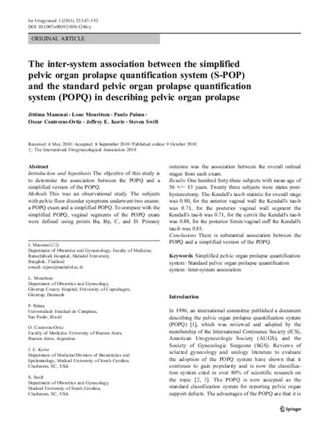 Pdf The Inter System Association Between The Simplified Pelvic Organ